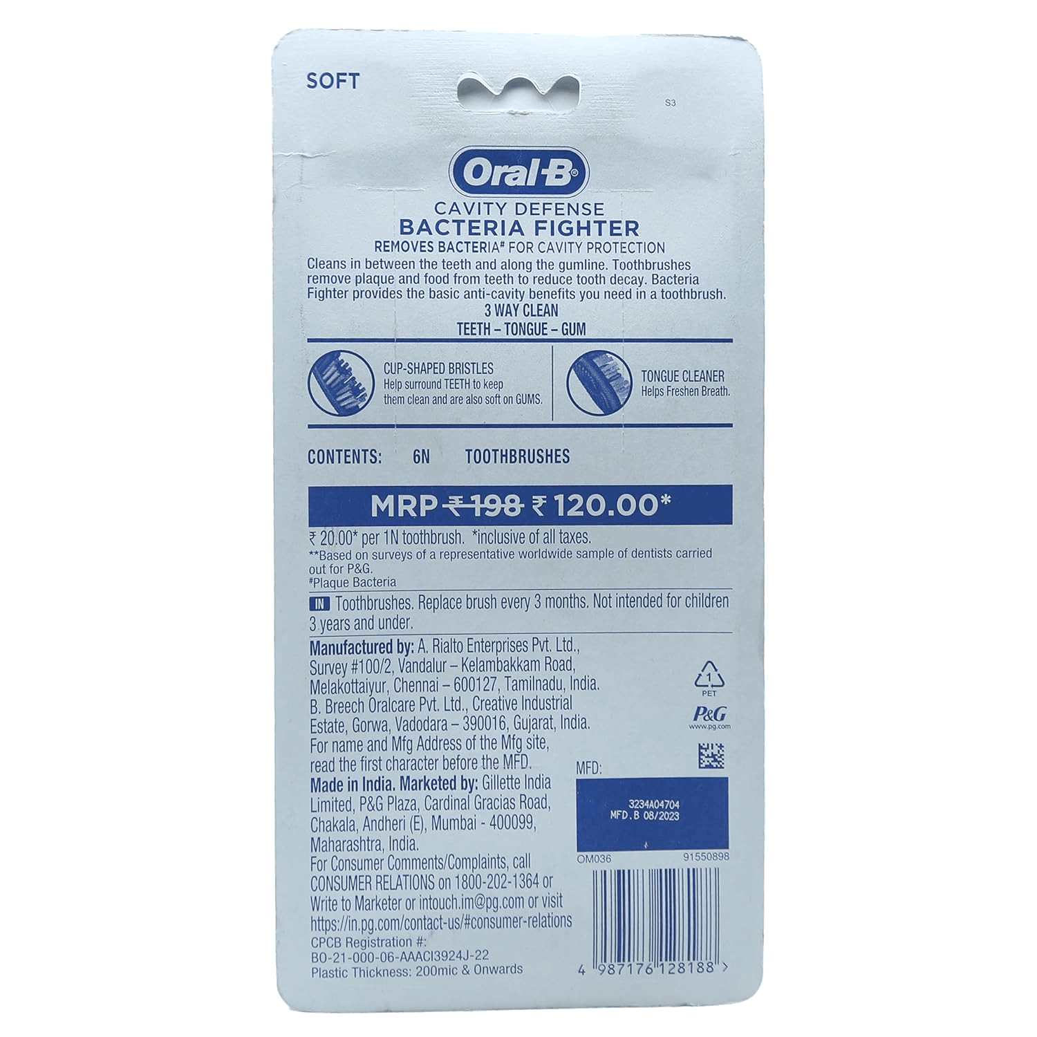Oral-B Bacteria Fighter Cavity Defense Soft Assorted Toothbrush (Pack ...