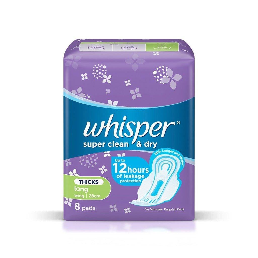 Whisper Super Clean & Dry Long Heavy Flow (28cm) With Wings 8 Sanitary ...
