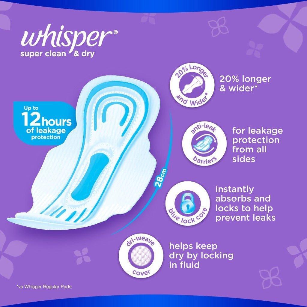 Whisper Super Clean & Dry Long Heavy Flow (28cm) With Wings 8 Sanitary ...